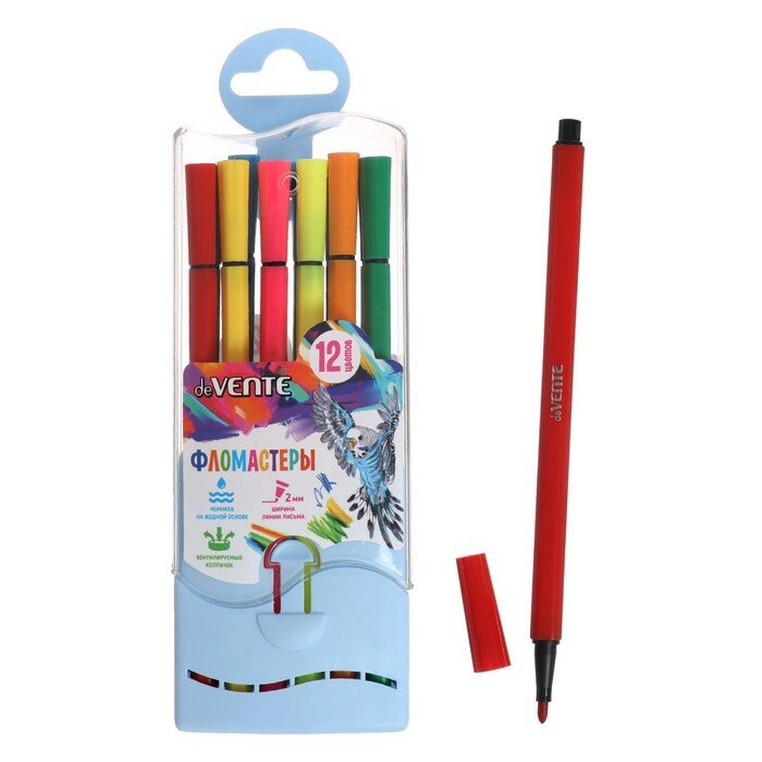 Фломастеры deVENTE 12 цветов, вентилируемый колпачок, шестигранные, голубая коробка (5081998)