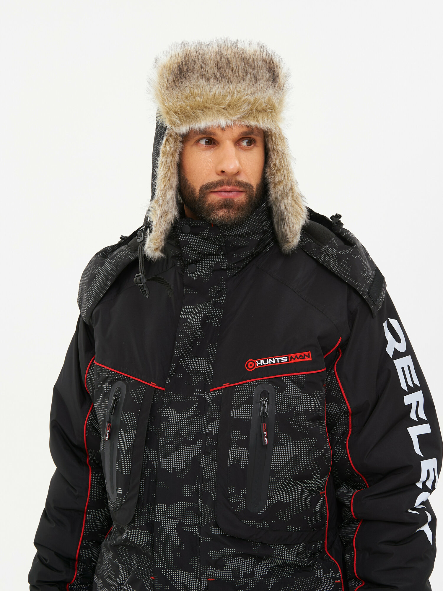 Шапка-ушанка зимняя с маской Huntsman Reflect для зимней рыбалки и охоты, ткань ткань Reflex Membrane, цвет чёрный, мех Волк (р.56-58)