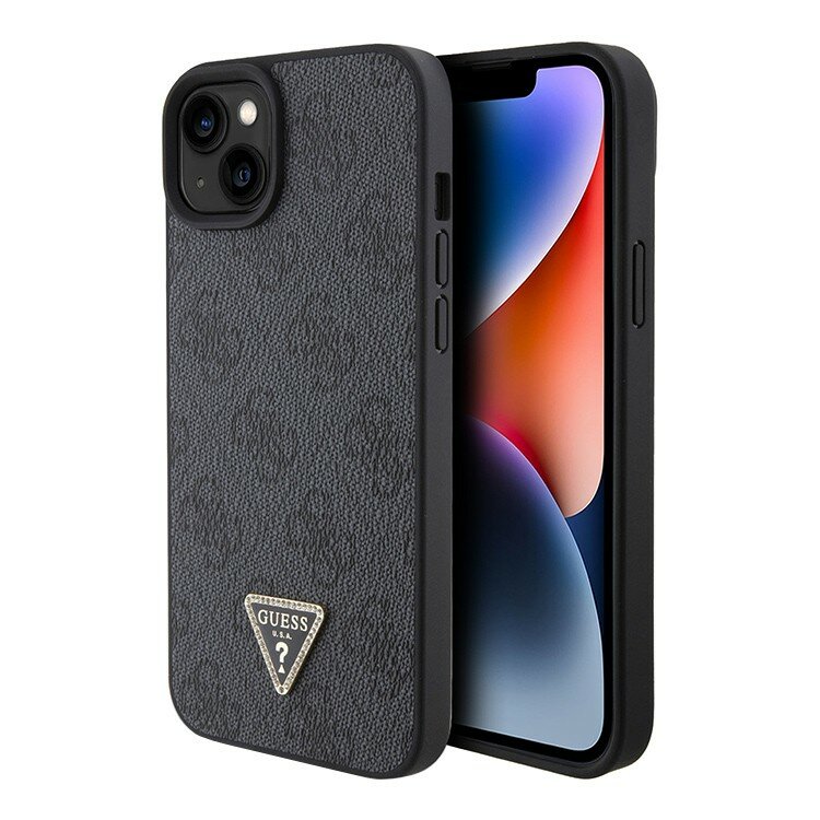 Guess чехол для iPhone 15, PU кожа 4G Triangle Diamond metal logo черный