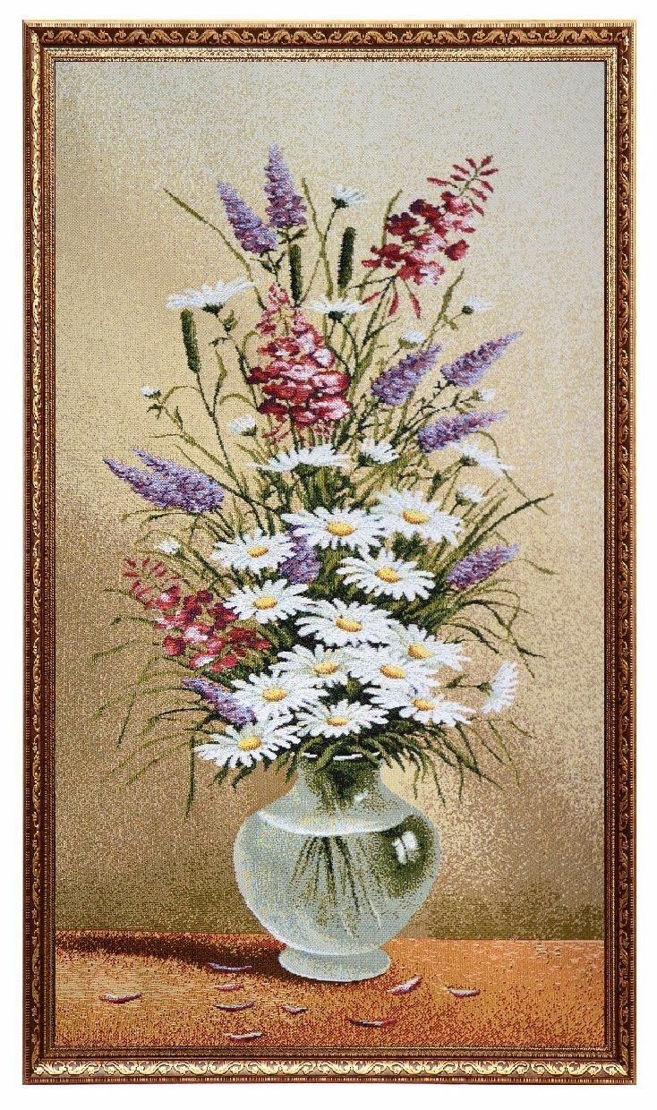Гобеленовая картина "Букет ромашки и лаванды" 35х70 в раме коричневого цвета