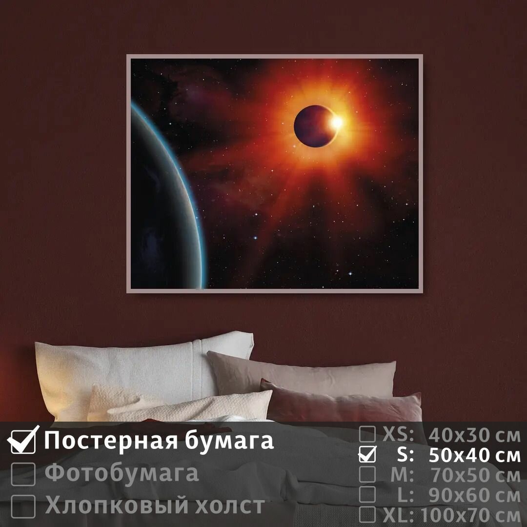 Постер на стену Планета Земля В Космосе При Ярком Свете 50х40 см ПолиЦентр