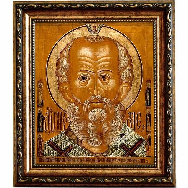 Святитель Никола (Великорецкий) Вятский со Святыми. Копия стариной иконы на холсте. (15 х 18 см / В раме)