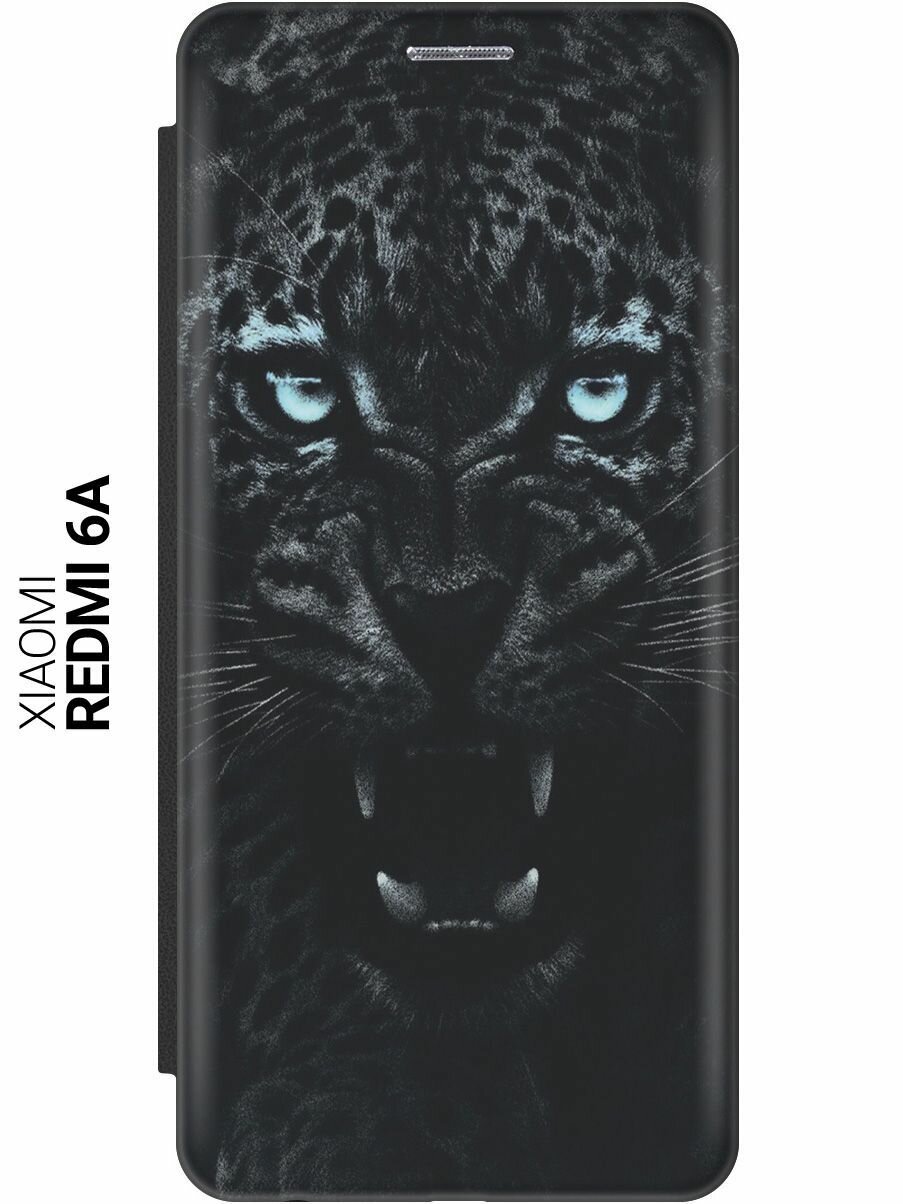 Чехол-книжка на Xiaomi Redmi 6A, Сяоми Редми 6А c принтом "Голубоглазая пантера" черный