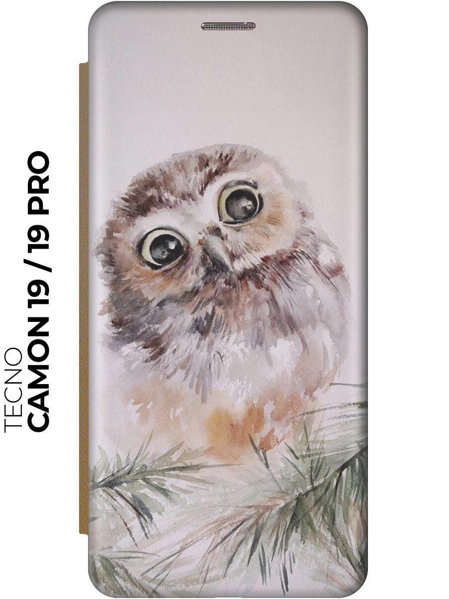 Чехол-книжка на Tecno Camon 19 / 19 Pro / Техно Камон 19 / 19 Про с рисунком "Совенок" золотой
