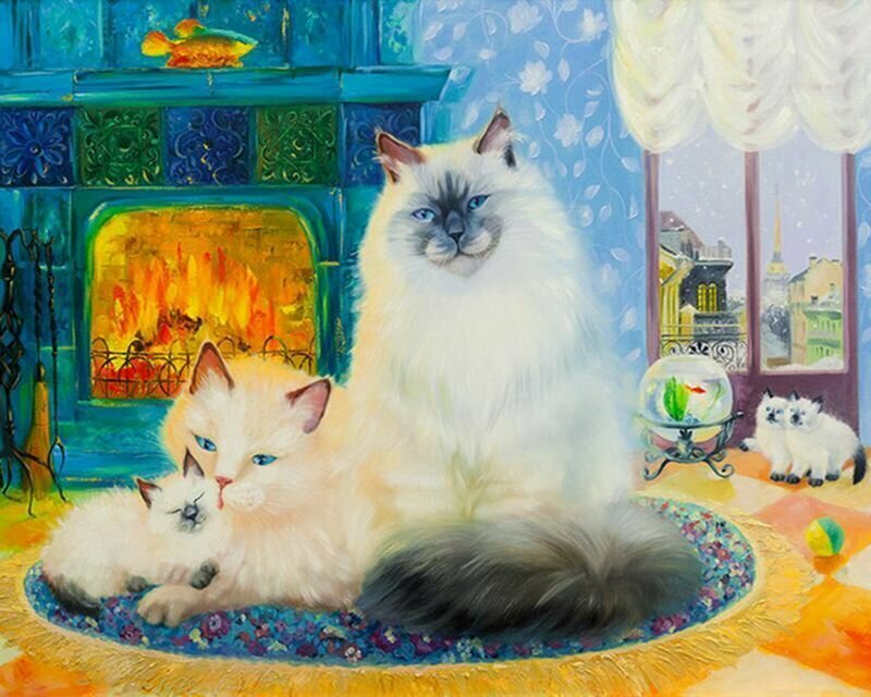 Алмазная мозаика на подрамнике 40x50 Семья котов дома