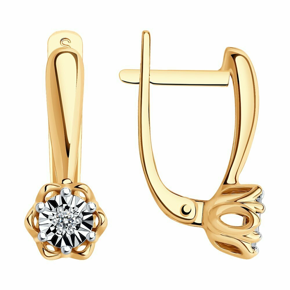 Серьги, комбинированное золото, 585 проба, бриллиант