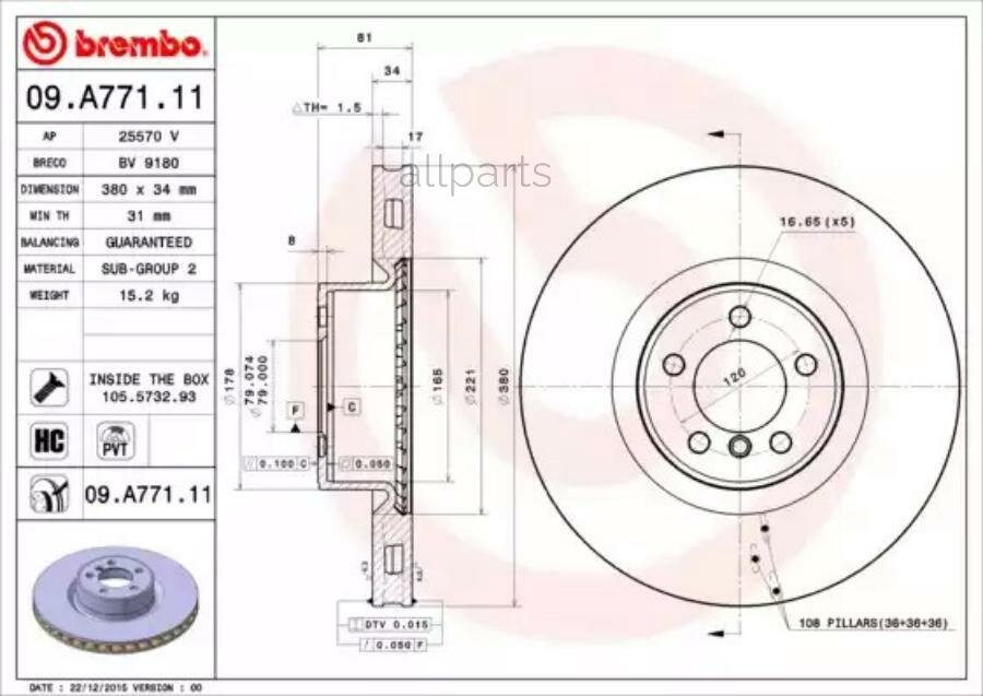BREMBO 09. A771.11 Диск тормозной передний LAND ROVER RRIII 2009-> /VENT D=380MM BREMBO 09. A771.11