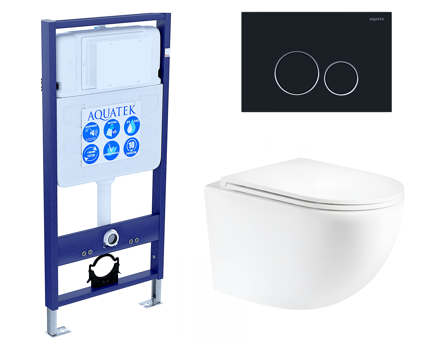 Комплект 3 в 1 инсталляция Акватек Standart 50 + Унитаз подвесной Enio Unico Tornado EN2105073 с кнопкой черной INS-0000012 + EN2105073 + KDI-0000020