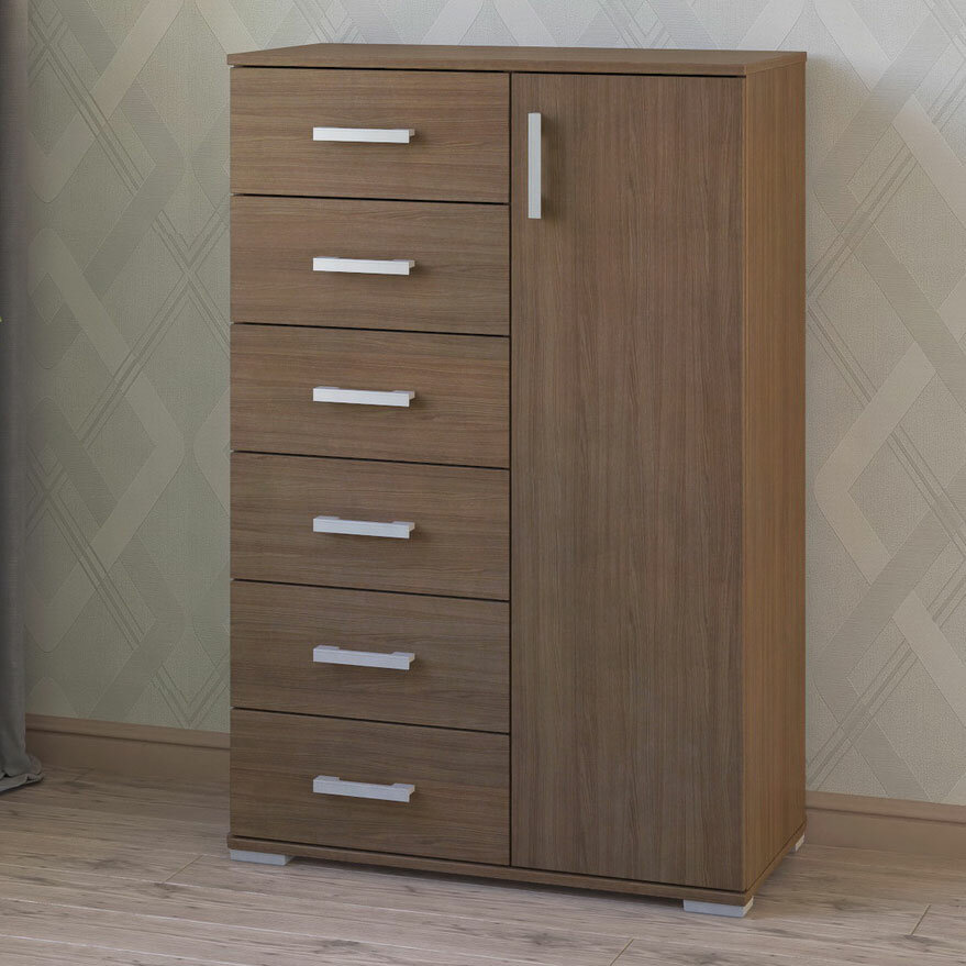 Высокий комод с 6 ящиками и дверцей МагМебель №26 ясень шимо тёмный