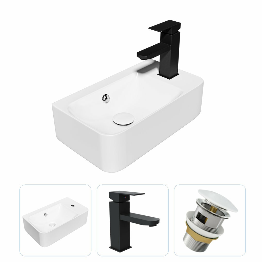 Раковина подвесная для ванной Teymi Hanna 45 правая в комплекте смеситель черный матовый и донный клапан клик-клак с переливом белый F07721