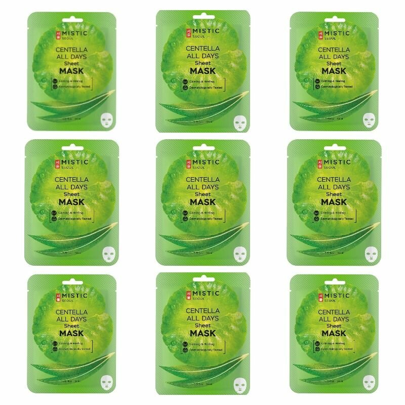 MISTIC Маска для лица тканевая Centella All Days Sheet Mask, с экстрактом цeнтеллы азиатской, 24 мл, 9 шт