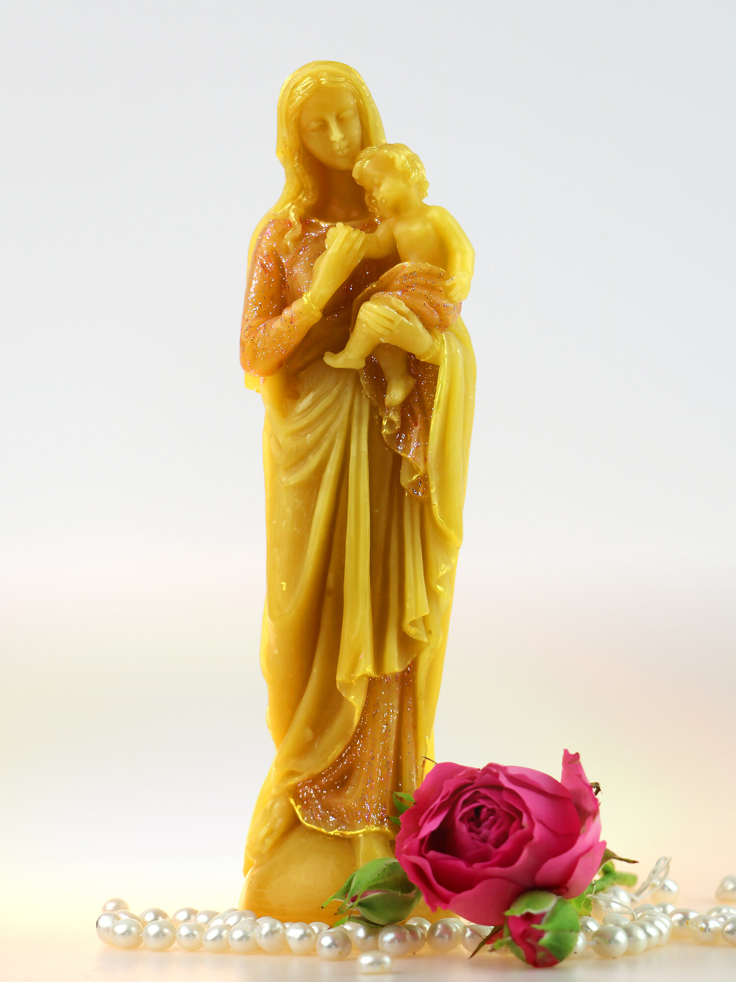 Фигура из натурального воска Богородица с Младенцем роспись розовая 19 см 240 г