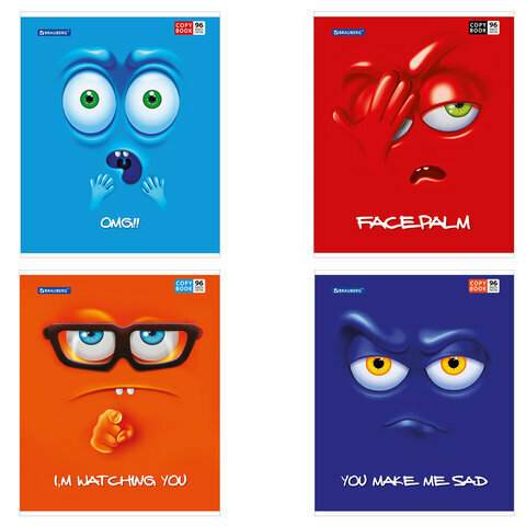 Тетрадь А5, 96 л, BRAUBERG ЭКО, клетка, обложка картон, мордашка, 402054, 4шт