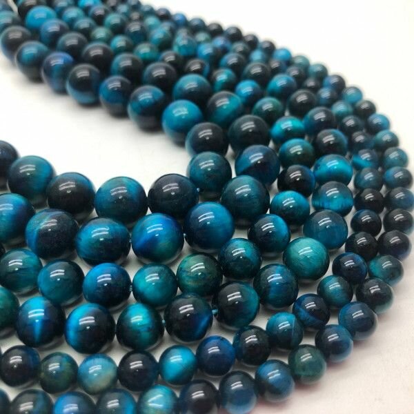 Каменные бусины, Тигровый глаз, тонированный, голубой, шарик гладкий, 6 мм, длина нити 38 см