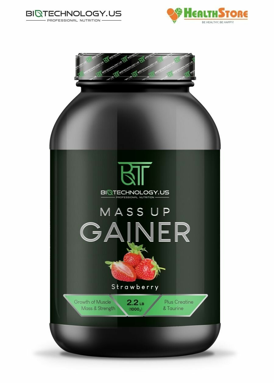 Biotechnology.US Mass Up Gainer jar 1кг (клубника) Гейнер высокоуглеводный, гейнер с креатином и таурином