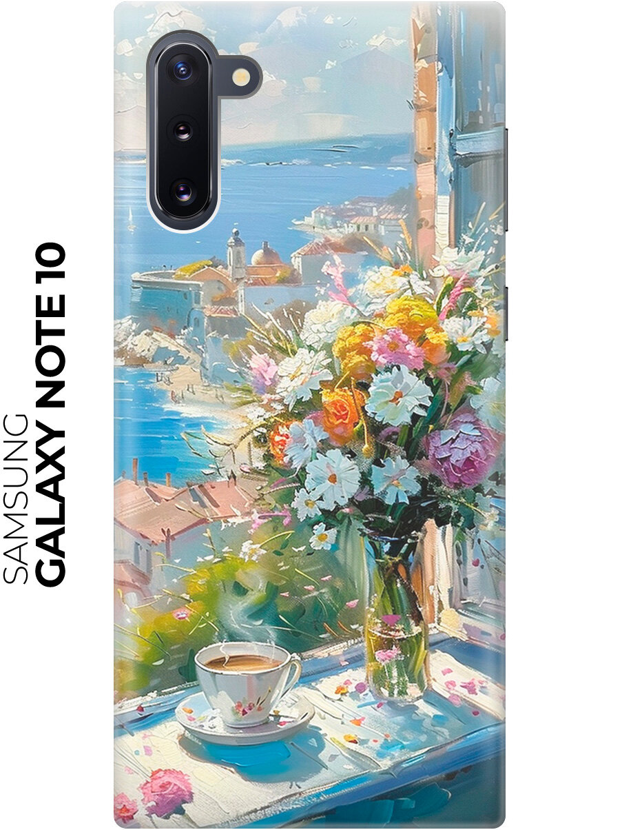 Силиконовый чехол на Samsung Galaxy Note 10 с принтом "Букет цветов и кофе"