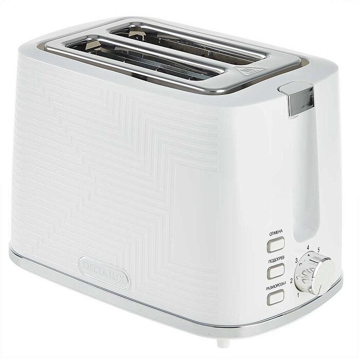 Тостер DELTA LUX DE-400, 900 Вт, 2 слота, таймеро, функция отмены, белый