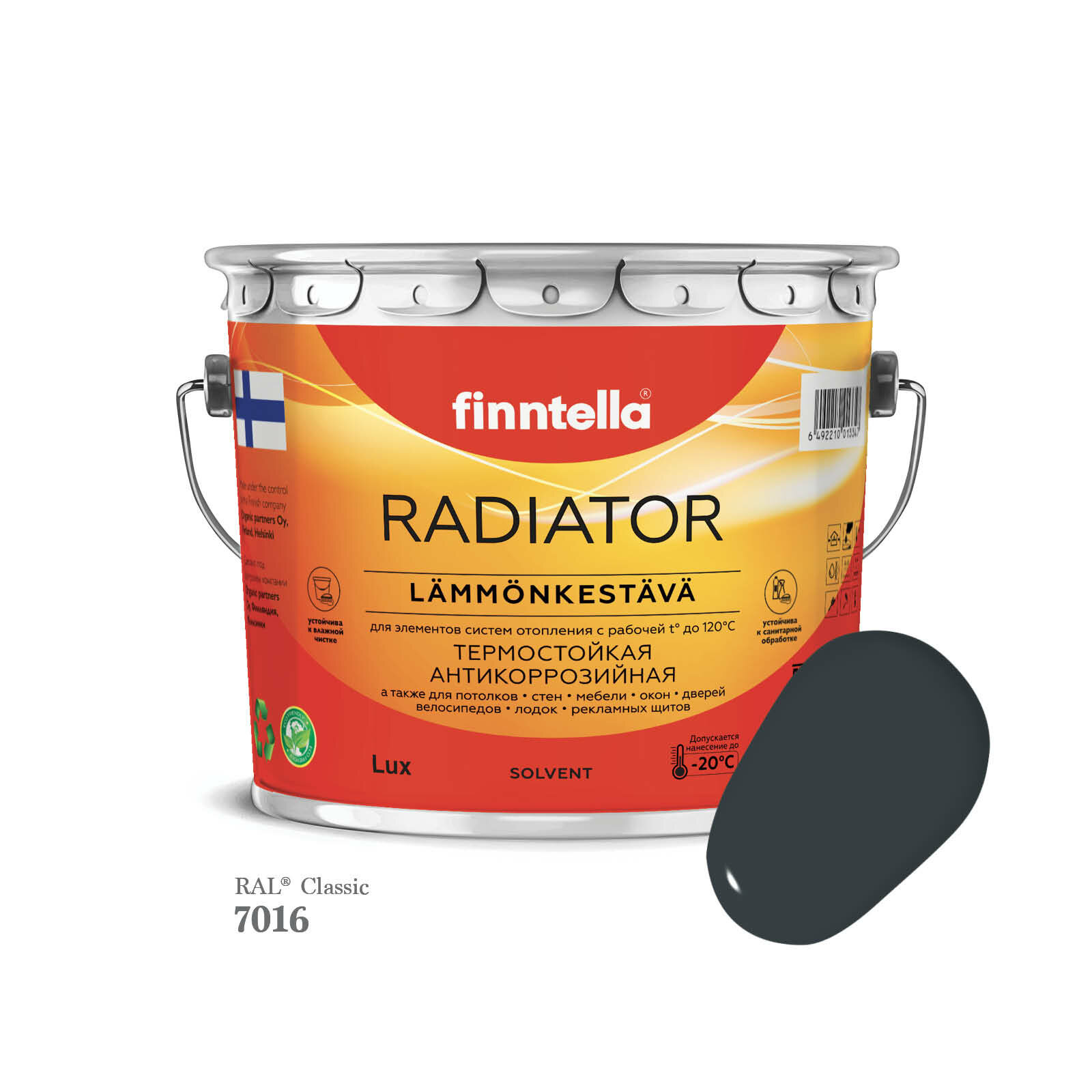 Краска для радиаторов быстросохнущая финская эмаль FINNTELLA RADIATOR, цвет RAL7016 , 2,7л