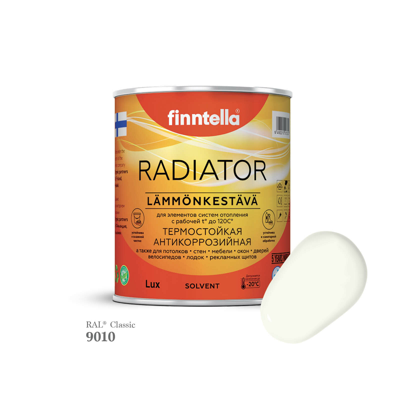 Краска для радиаторов быстросохнущая финская эмаль FINNTELLA RADIATOR, цвет RAL9010 , 0,9л