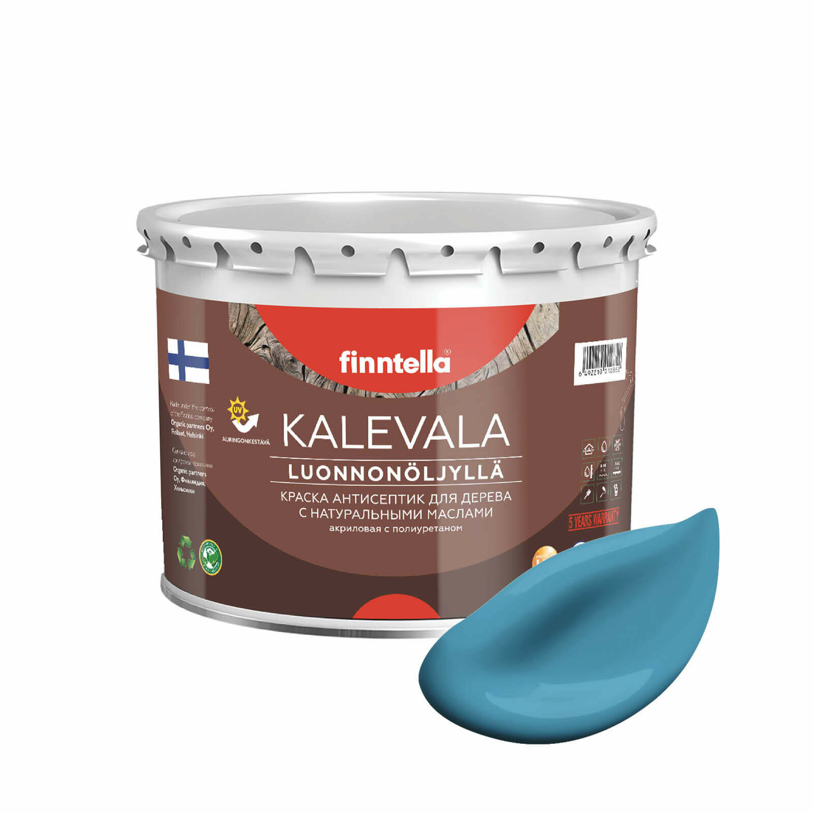 Краска для дерева и деревянных фасадов FINNTELLA KALEVALA, с натуральным маслом и полиуретаном, цвет AIHIO (голубой) , 2,7л
