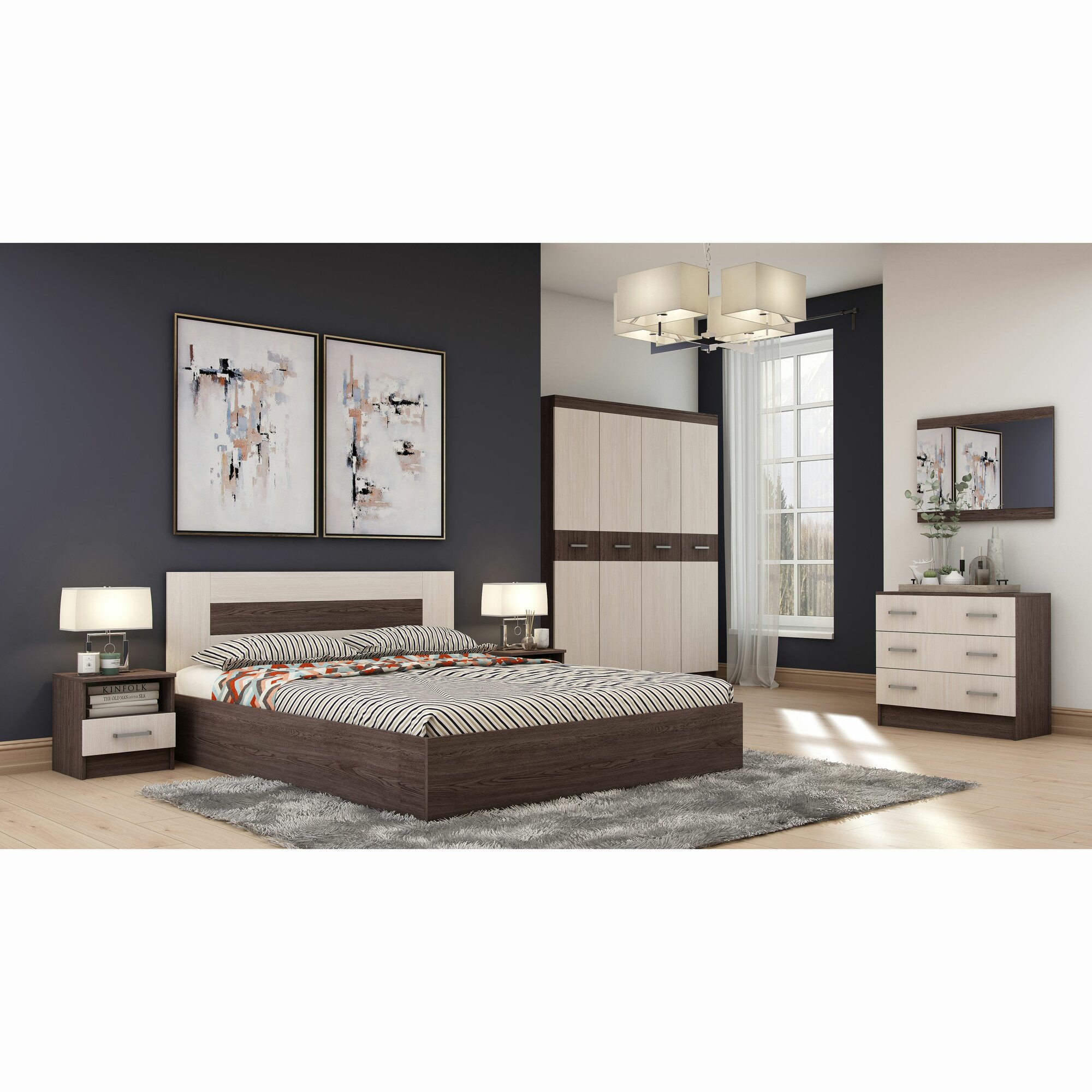 Комплект мебели для спальни Сити-3 от Астрид-Мебель с кроватью 160*200см, шкафом, комодом, 2 тумбами и зеркалом. Цвет Анкор темный/Анкор белый