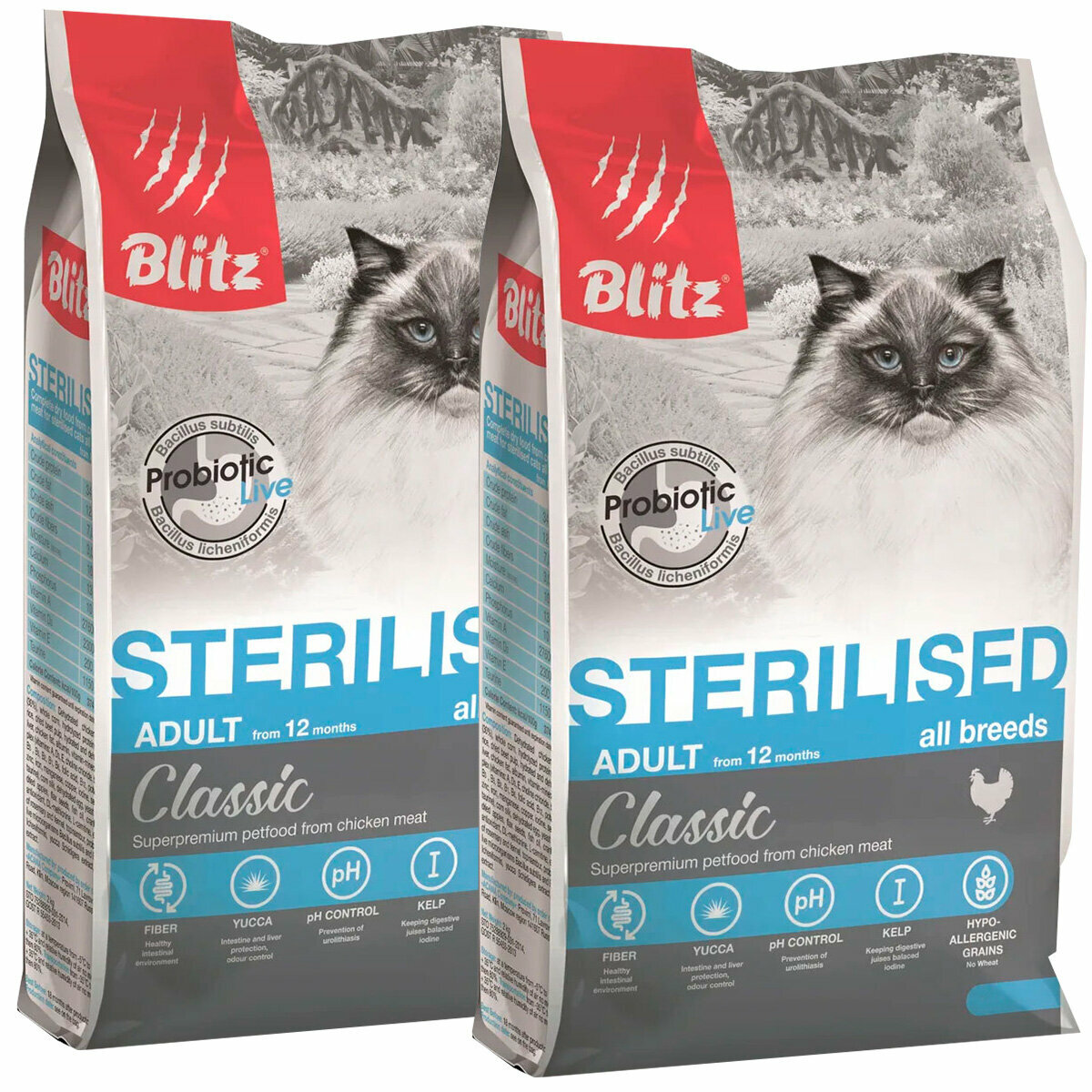 BLITZ CLASSIC ADULT CAT STERILISED CHICKEN для взрослых кастрированных котов и стерилизованных кошек с курицей (2 + 2 кг)