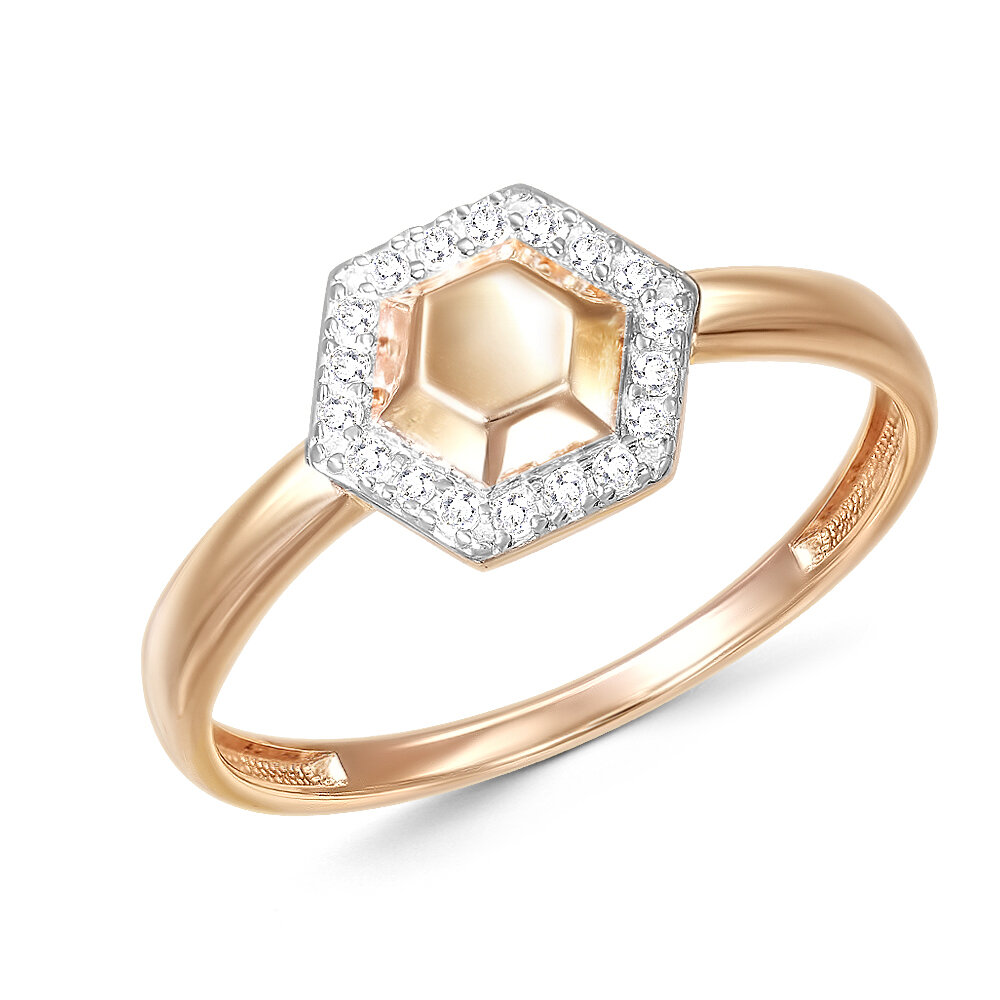 Кольцо тонкое, красное золото, 585 проба, родирование, фианит