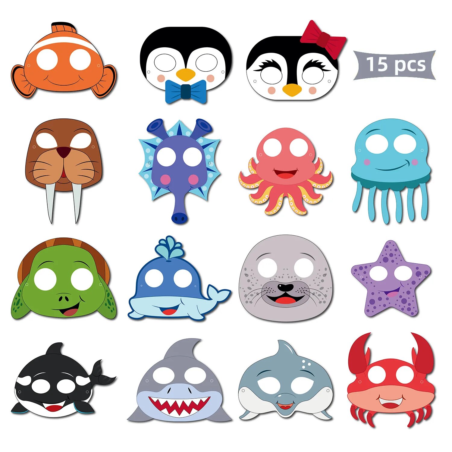 Бумажные маски WEHRPARTY с морскими животными 15 шт.