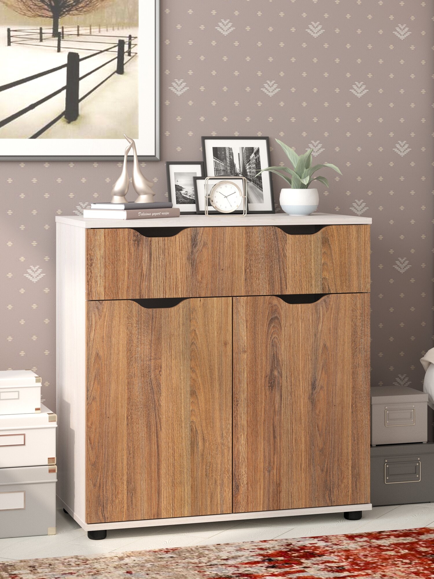 Есэндвич Grand-Лаворо-4 Комод 80х83х40 см с ящиками и дверцами(Анкор белый/Дуб Аризона)