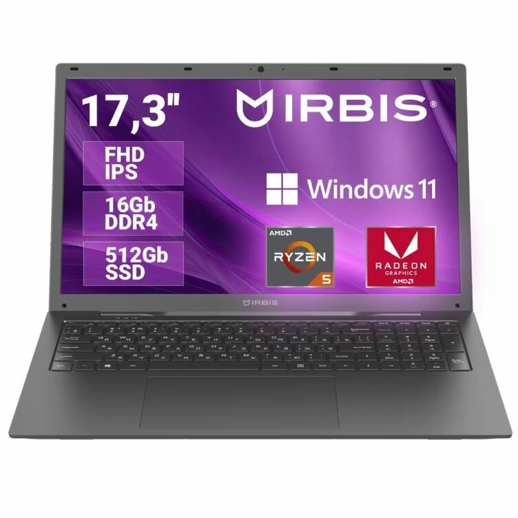 17,3" Ноутбук Irbis BlizzardBook 17N (17NBC2006 SSD 1024) серый - 1920x1080, IPS, AMD Ryzen 5 5560U, ядра: 14 x 2,3 ГГц, 16 ГБ, SSD 512 ГБ, AMD Radeon, Windows 11 Pro