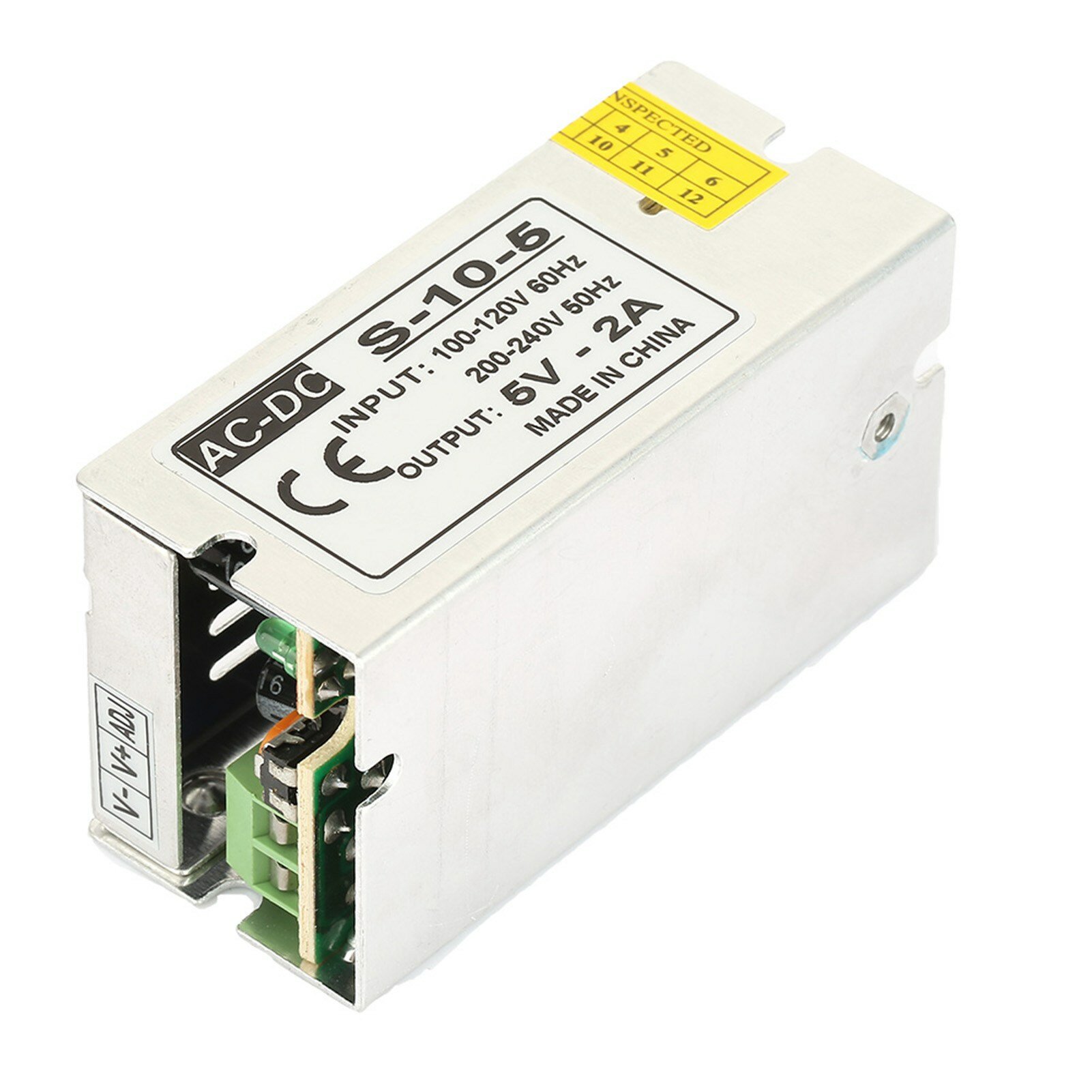 5V DC 10W Switching Power Supply Driver Voltage Converter for Display, Input 110V-220V AC, Output 2A, Protection Overload Overvoltage Short Circuit, CE ROHS FCC, 70x40x30mm, Aluminum Material, Ferrite Magnetic Ring, Double Filter Large Capacitor