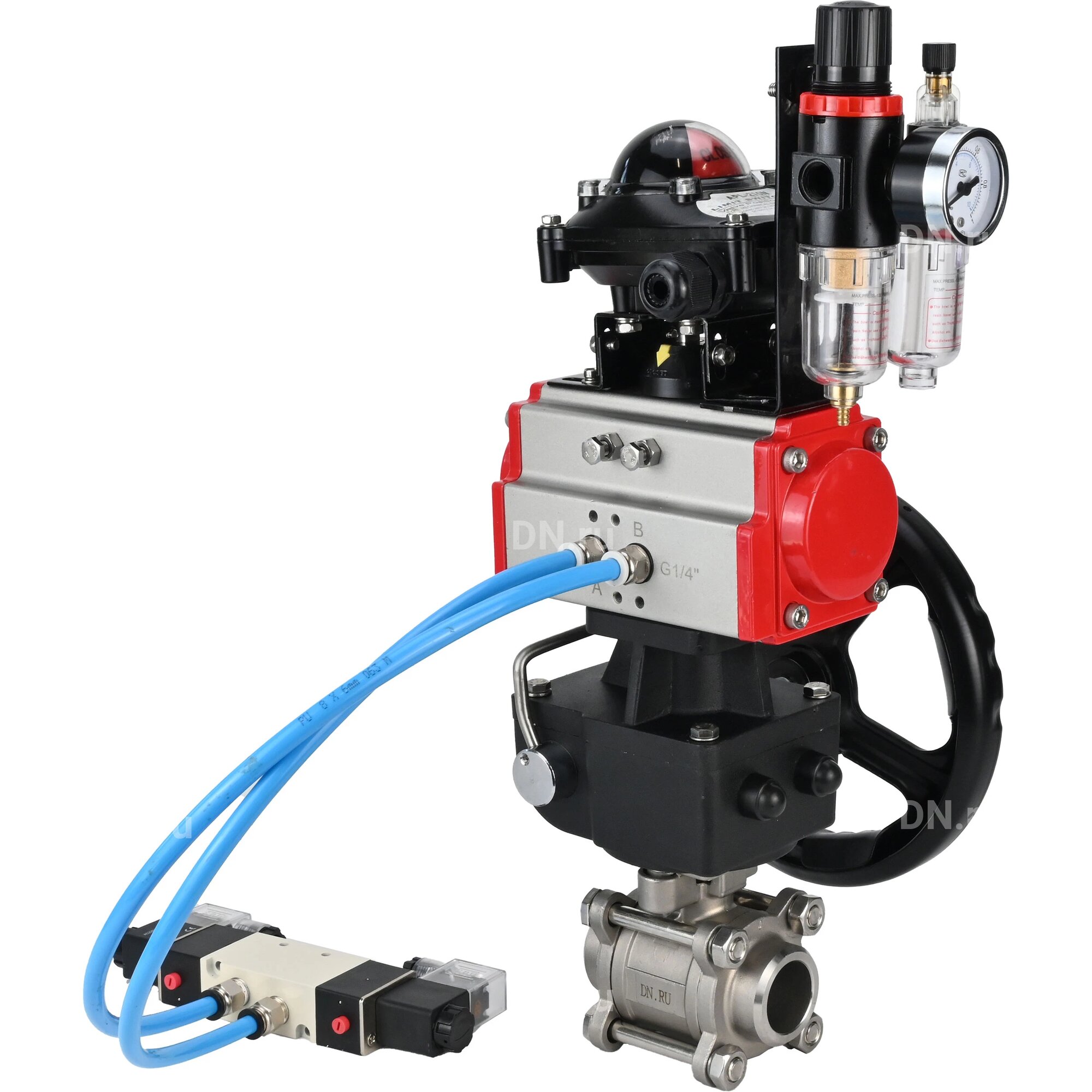 Кран шаровой DN.ru кшпп 316.200-ISO Ду50 Ру40, полнопроходной, нержавеющая сталь 316, PTFE, под приварку, с пневмоприводом DA-083, пневмораспределителем PND1-S2EM-52-2-T10-220VAC, БКВ LSB-210-02NM12-220/24, ручным дублером HDM-2, БПВ APU1-10-40-V08