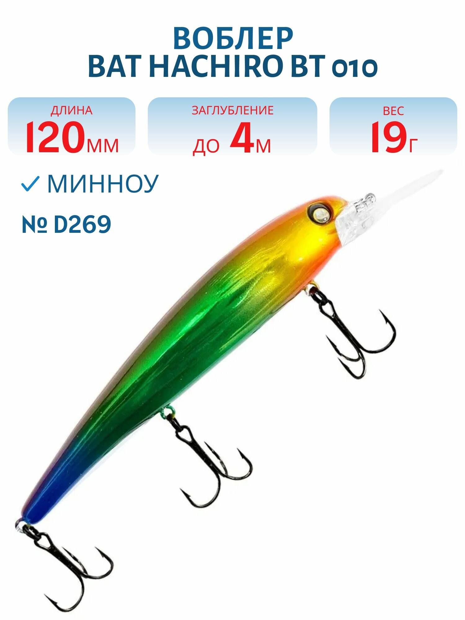 Воблер BAT HACHIRO BT 010, 120мм, 19 гр, 0-4 м, цвет #D269