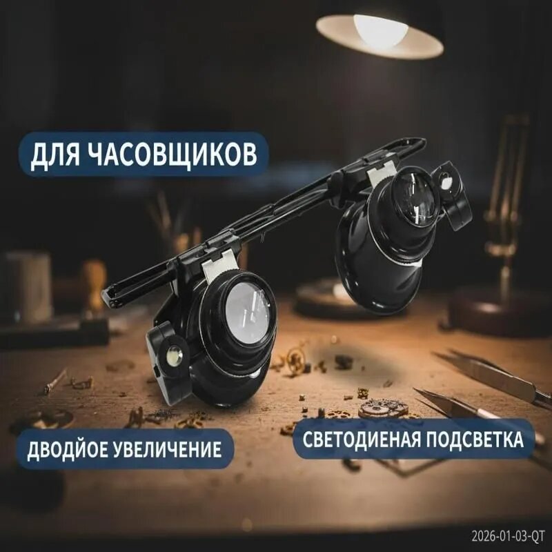 Лупа-очки бинокулярная налобная со светодиодной подсветкой для ремонта часов, модель 9892A