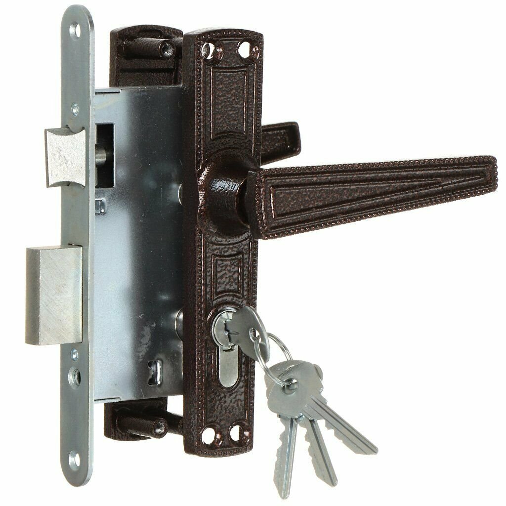 Замок врезной Омега ЗВ7.01 с ручкой, цилиндровый, цвет медь, межосевое расстояние 55 мм, 4 ключа, стальной корпус, Россия.