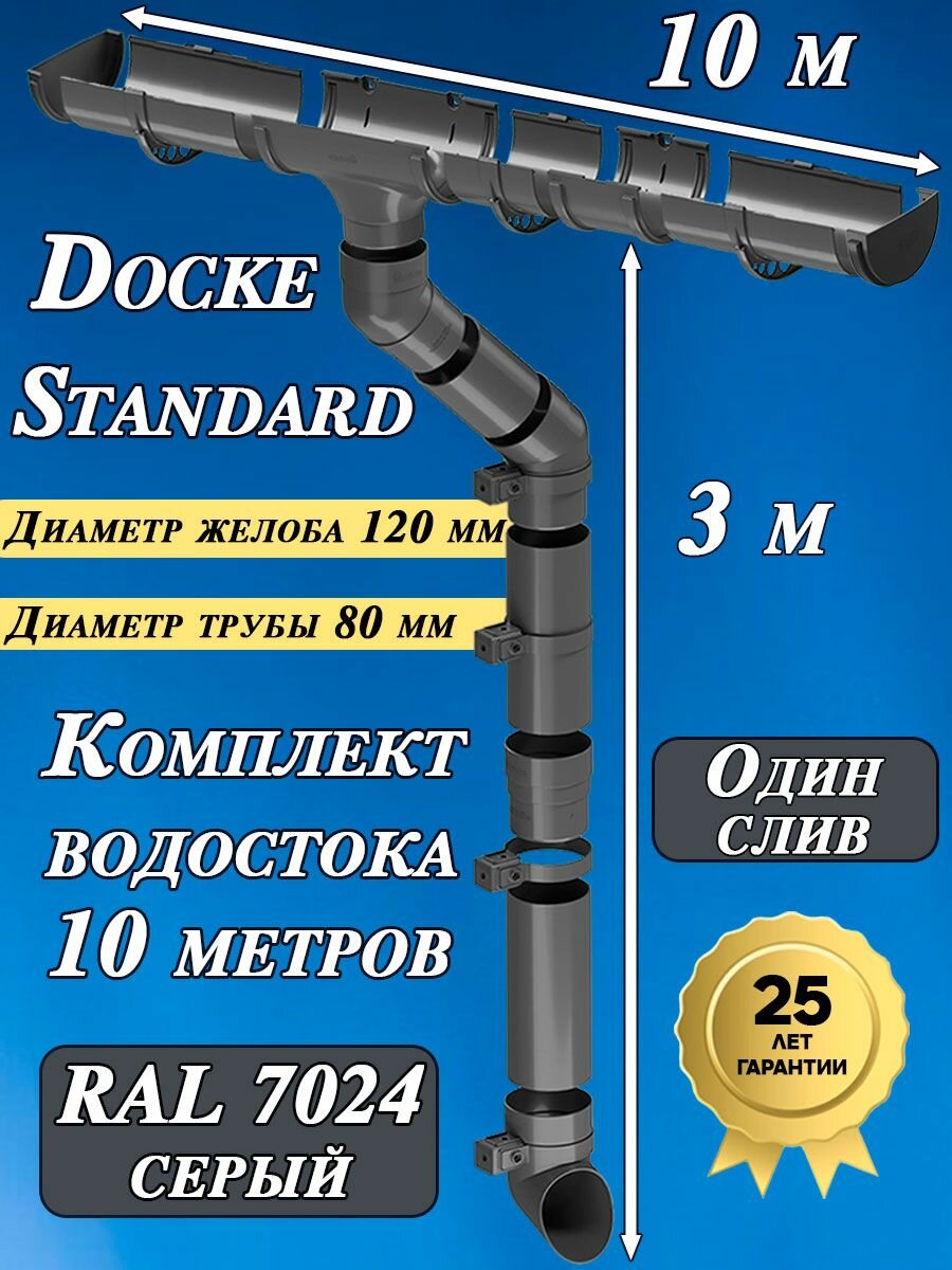 Водосток для крыши Деке Стандарт 10 м (1,5 м + 1 м) один слив ( 120 мм / 80 мм ) комплект водосточной системы для дома пластиковый Docke Standard ( цвет RAL 7024 серый графит ) комплект ПВХ