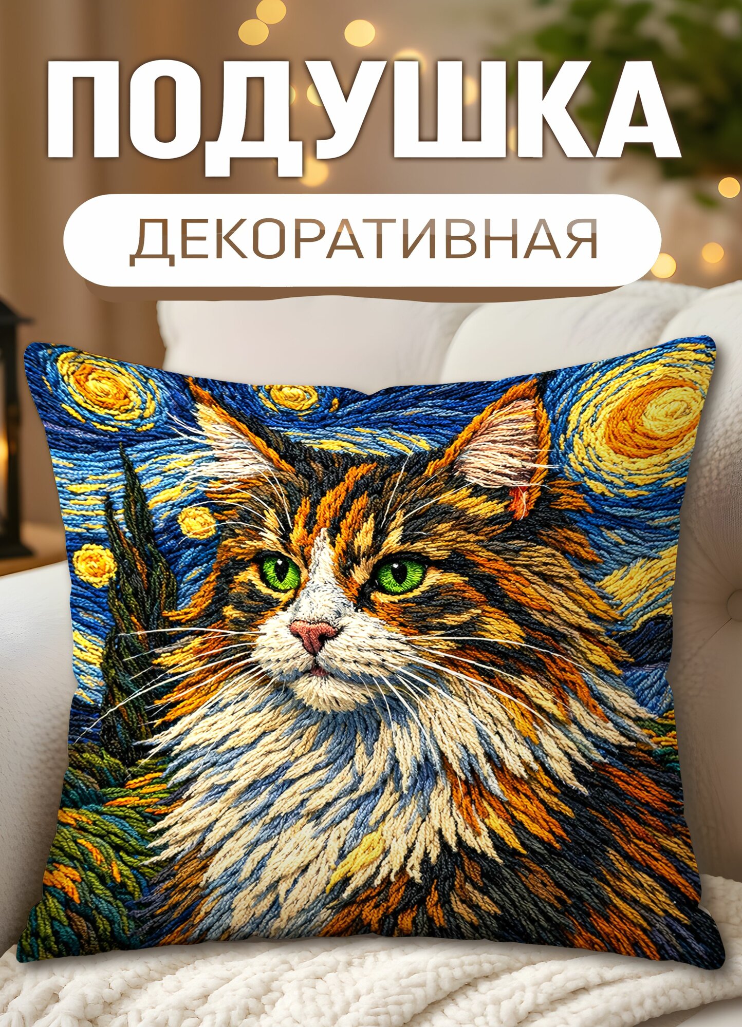 Подушка декоративная Кошки Ван Гог Звездная ночь Норвежская лесная кошка