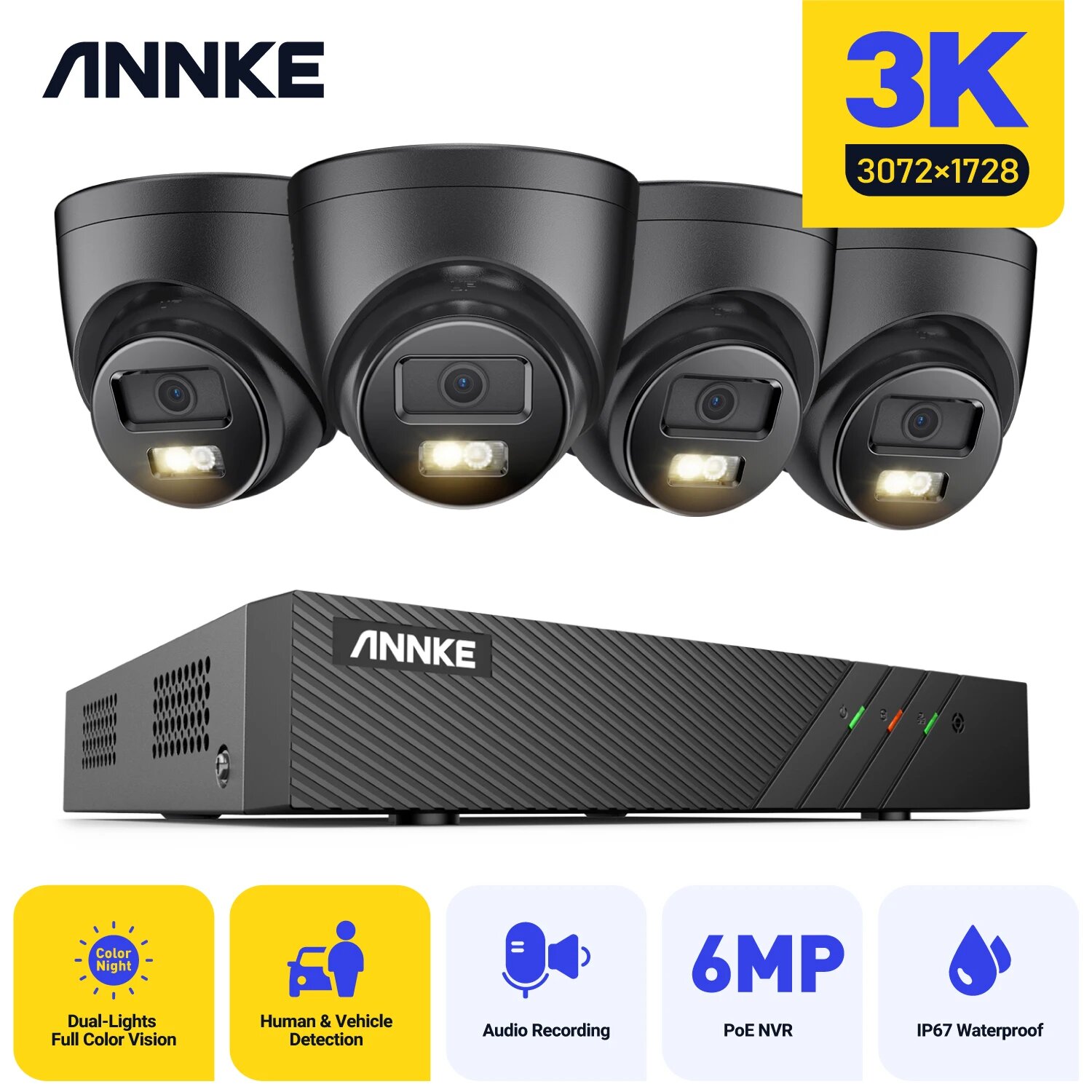 Система видеонаблюдения ANNKE 3K 5MP Ultra HD POE с 8-канальным рекордером NVR, камерами безопасности 3K, набором видеонаблюдения CCTV, интеллектуальными двойными огнями и IP-камерой