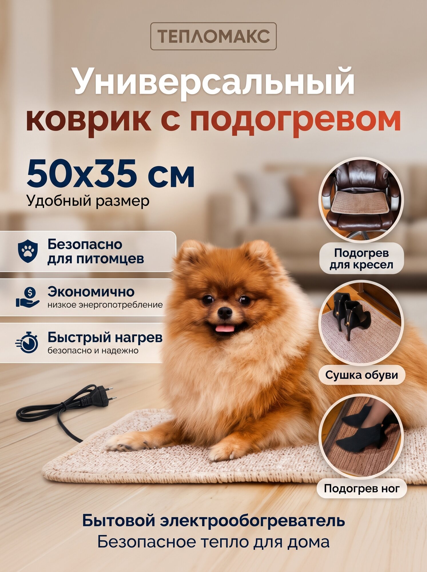 Универсальный теплый коврик с подогревом "ТеплоМакс" (для обогрева ног, рук, спины и домашних животных), 75х50 см.