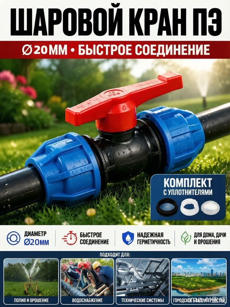 Двухсторонний шаровой кран ПНД 20мм для воды,1 штуки
