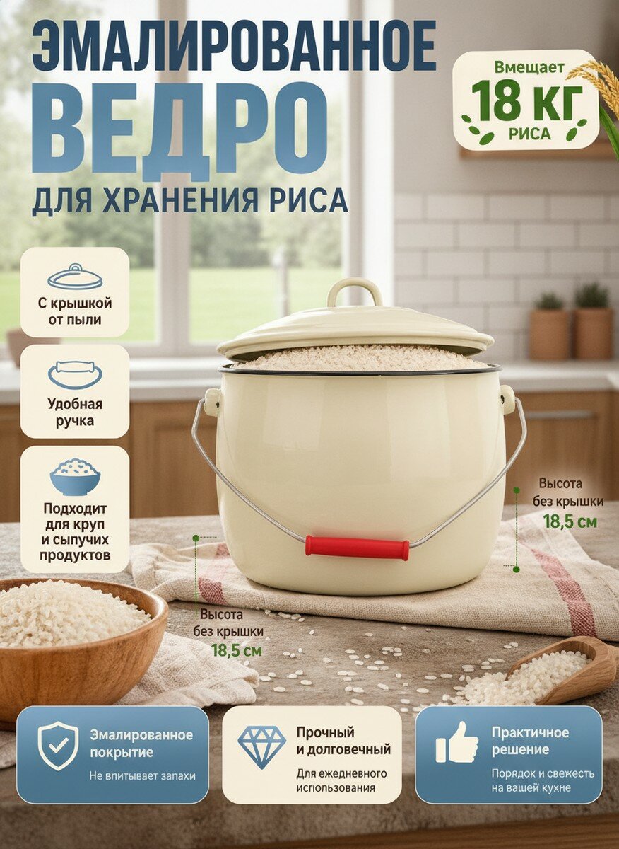 Ведро пищевое эмалированное 10 л с крышкой, Вместимость до 9 кг риса, Устойчивое к высоким температурам