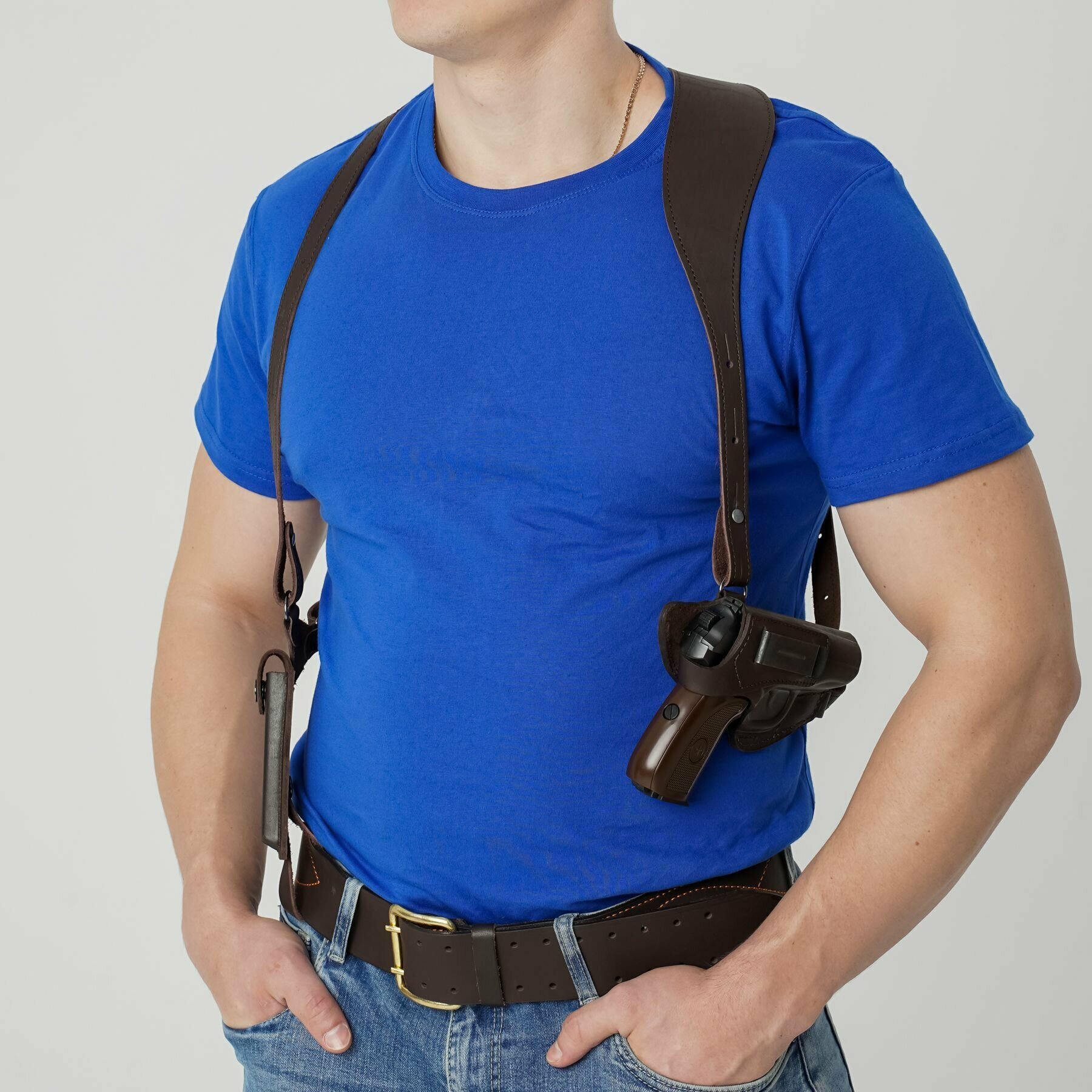 Кобура наплечная горизонтальная со скобой (пружиной) для скрытого ношения на поясе, с пеналом, формованная с плечевыми ремнями