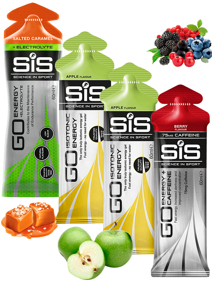 Гель питьевой SCIENCE IN SPORT (SiS) GO Energy MIX-31 4 x 60 мл, Соленая карамель, Ягоды, Яблоко