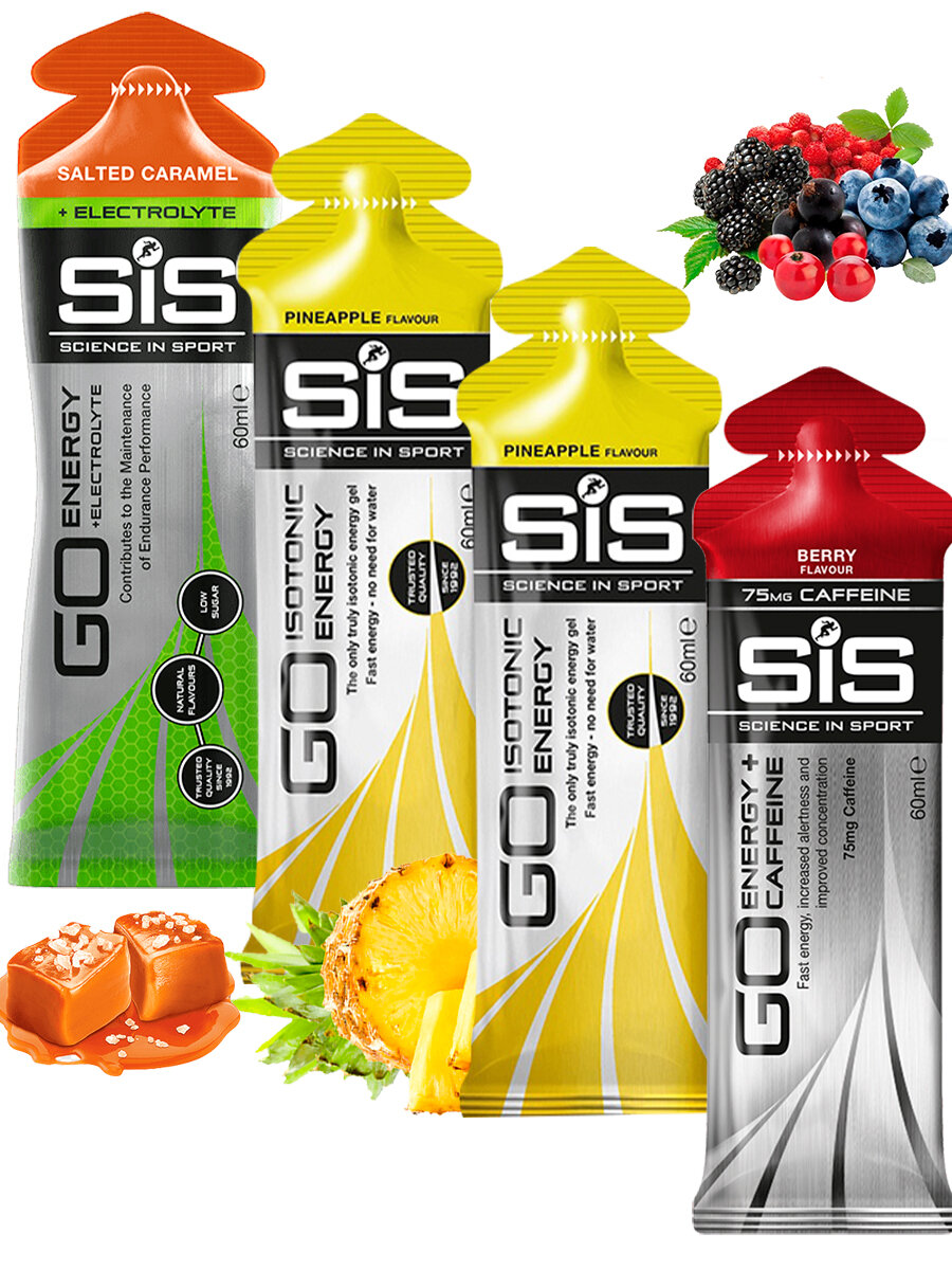 Гель питьевой SCIENCE IN SPORT (SiS) GO Energy MIX-31 4 x 60 мл, Соленая карамель, Ягоды, Ананас