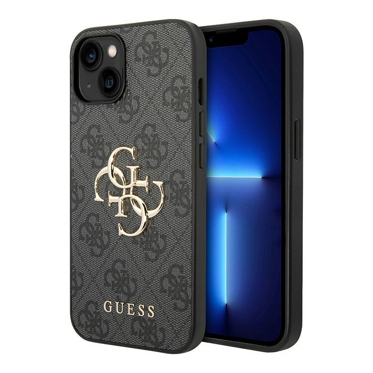 Guess чехол для iPhone 15. PU кожа с узором 4G Big metal logo серый