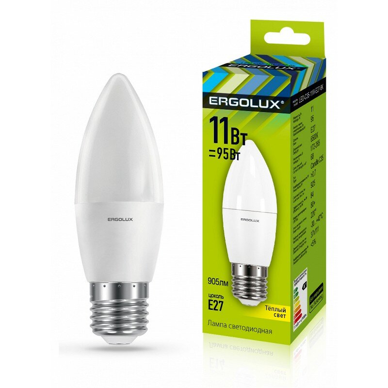 Ergolux LED-C35-11W-E27-3K (Эл. лампа светодиодная Свеча 11Вт E27 3000K 220-240В), цена за 1 шт.