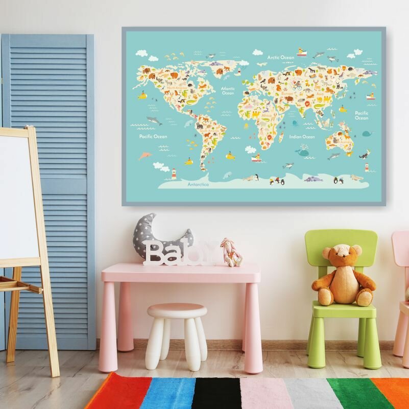 Постер интерьерный Карта Континентов с Животными для детской 70х50 см в тубусе ПолиЦентр