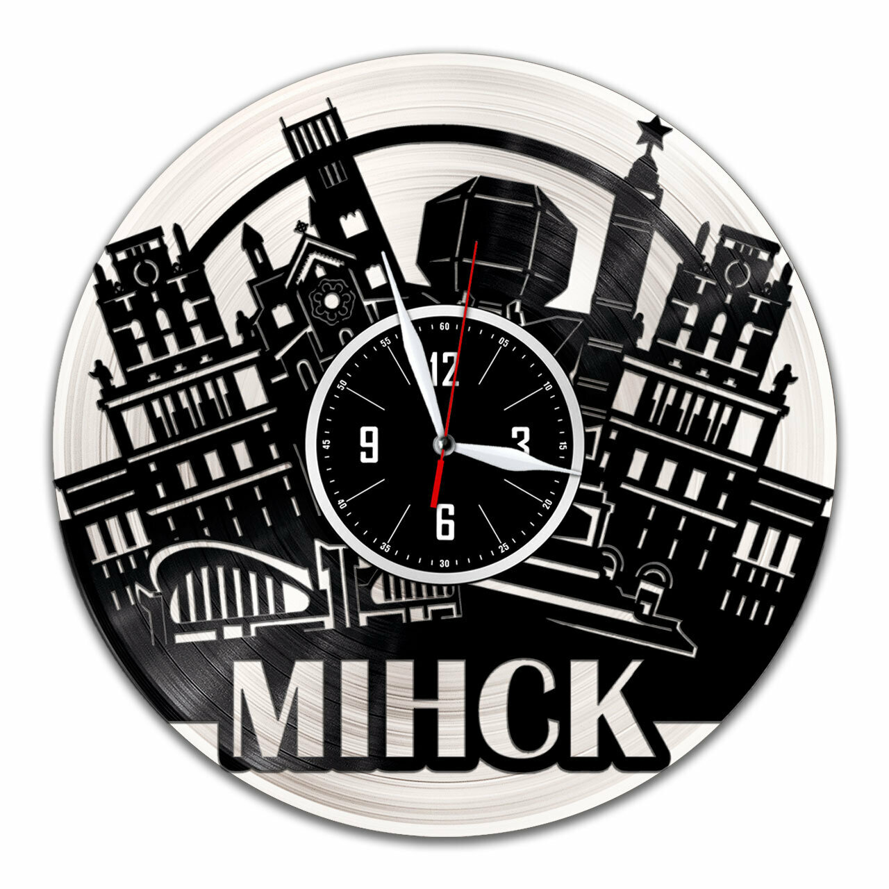 Минск - настенные часы из виниловой пластинки (с серебряной подложкой)