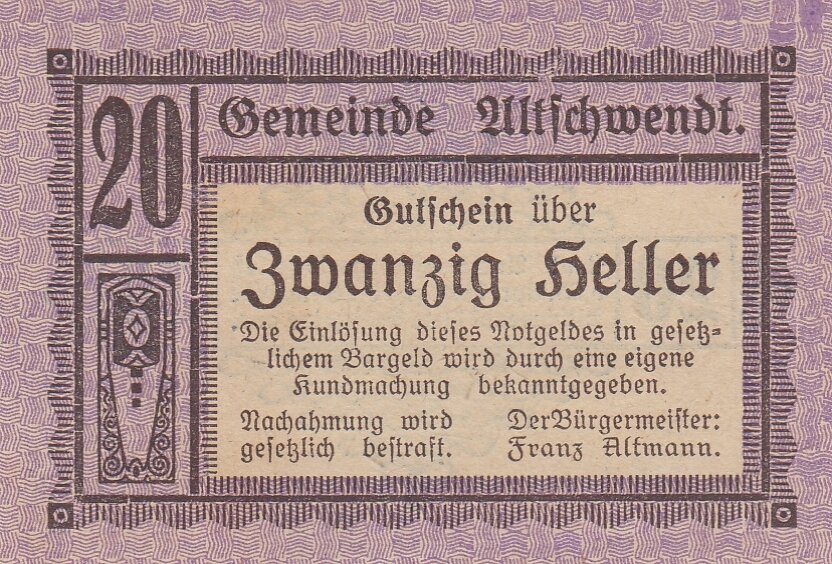 Австрия, Альтшвендт 20 геллеров 1920 г.