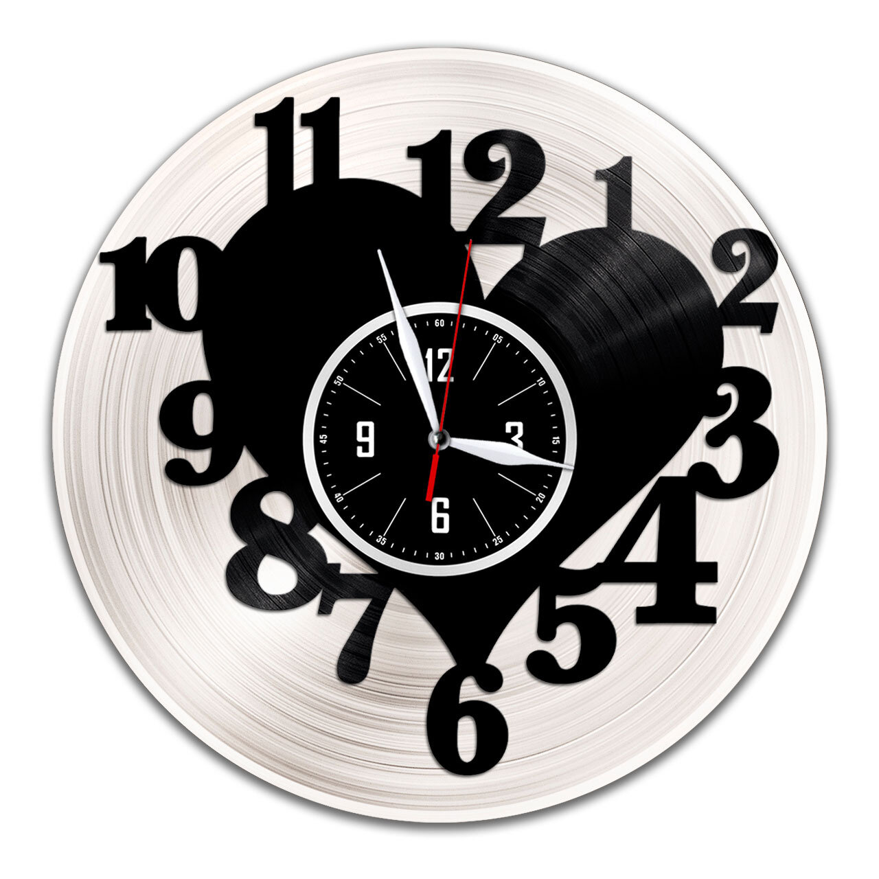 Сердце - настенные часы из виниловой пластинки (с серебряной подложкой)